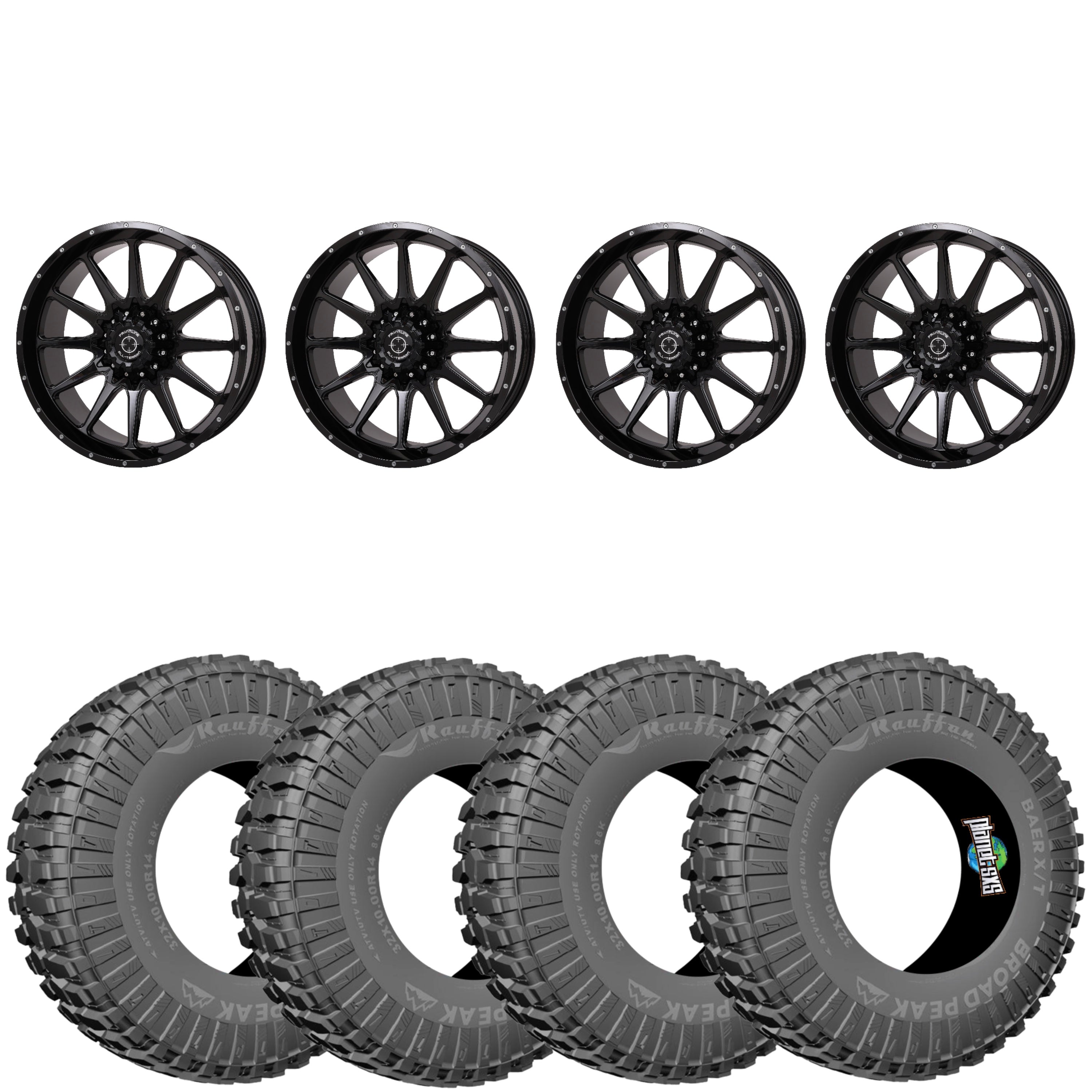 Frontline 762 Wheels Gloss Black 4/110 on Broad Peak Baer XT 8 ply rad ...